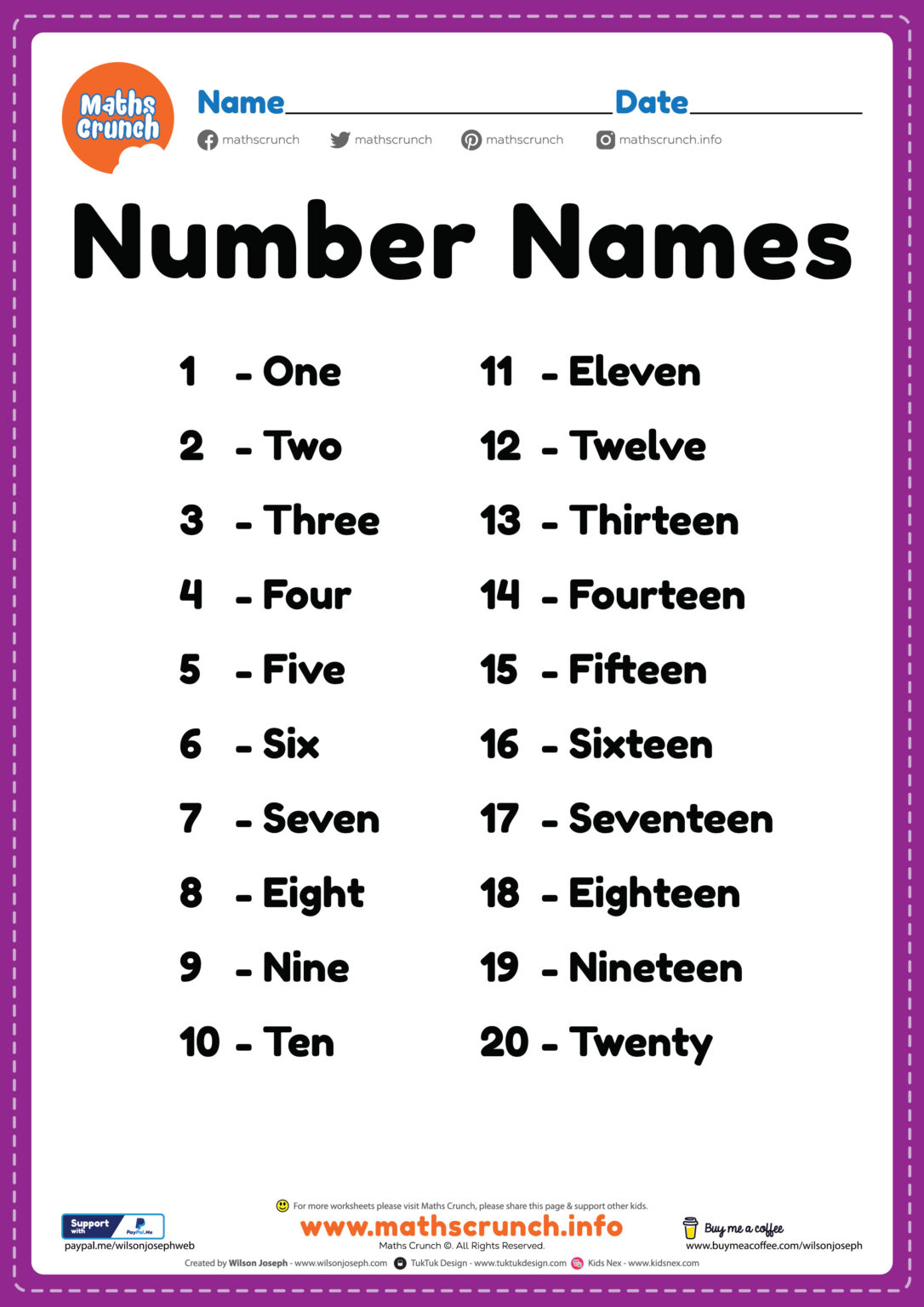 Number Names 1 To 20 Free Printable PDF For Preschool Kids Number Names 1 To 20 Free Printable PDF For Preschool Kids
