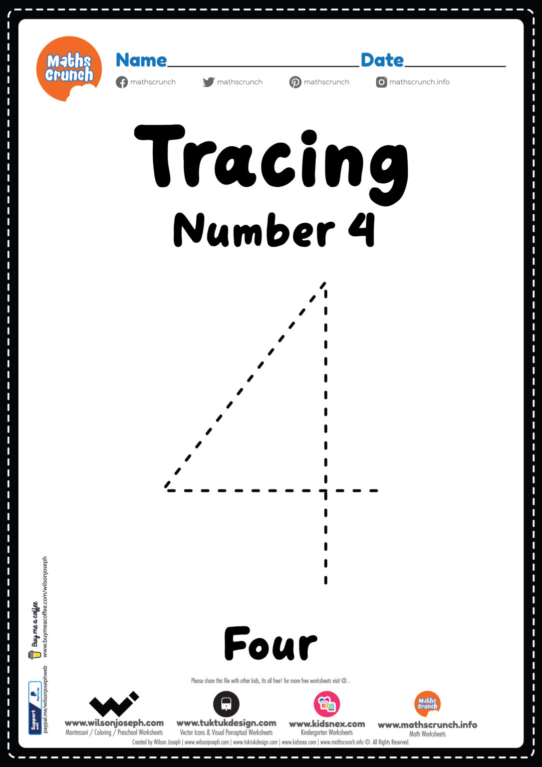 Tracing Number 4 Worksheet for kids - Free Printable PDF