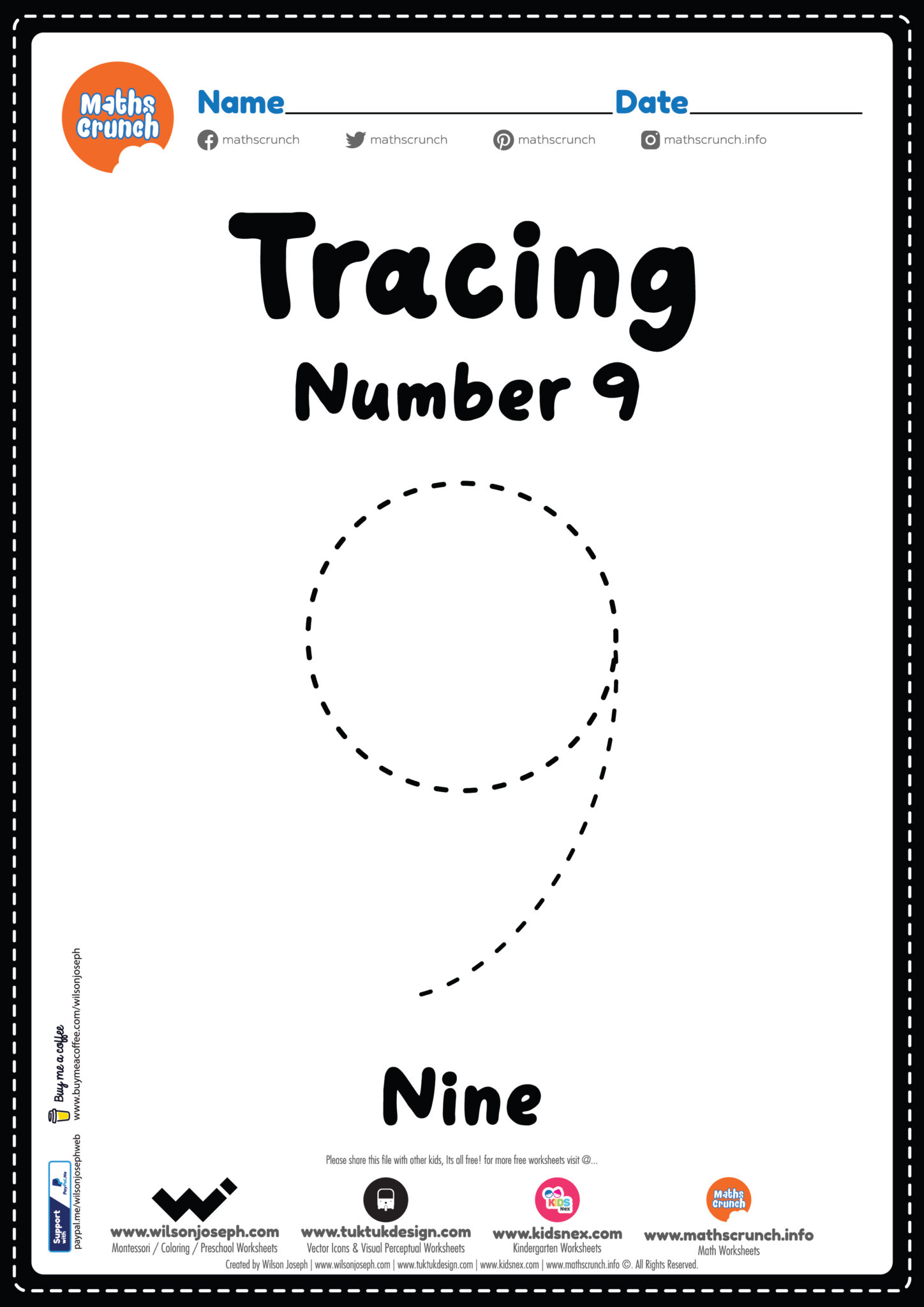 Tracing Number 9 Worksheet for kids - Free Printable PDF
