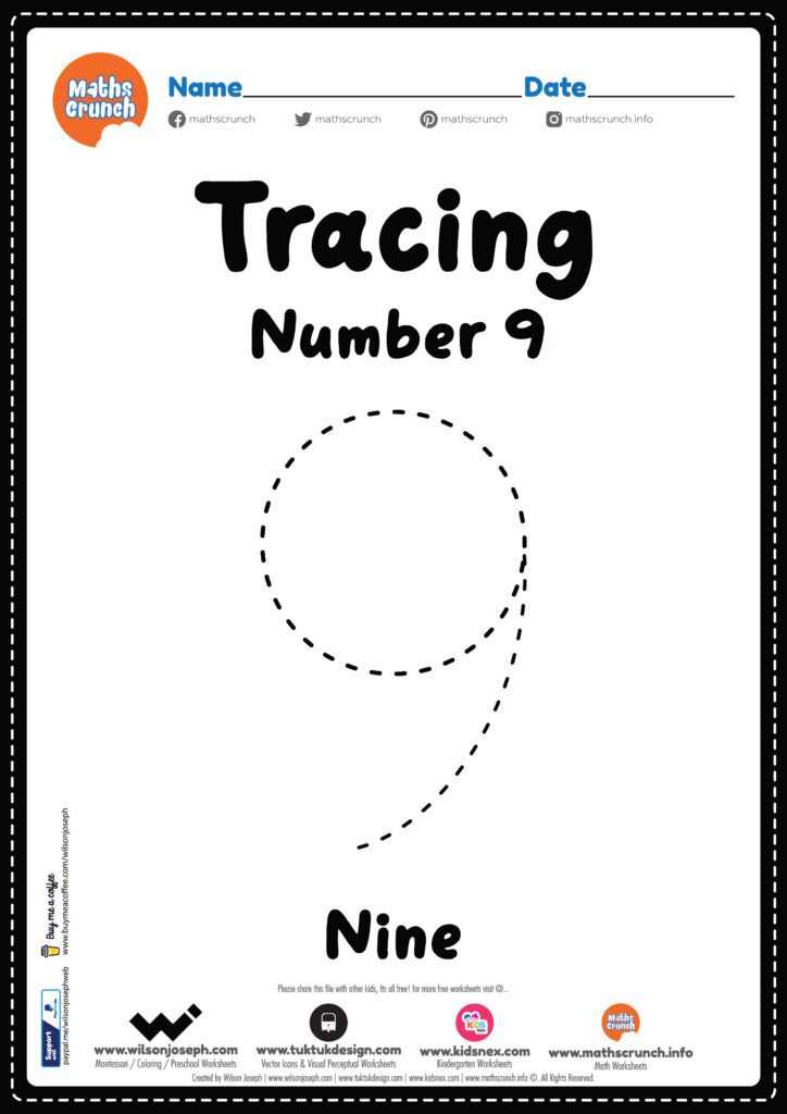 Tracing Number 9 Worksheet for kids - Free Printable PDF