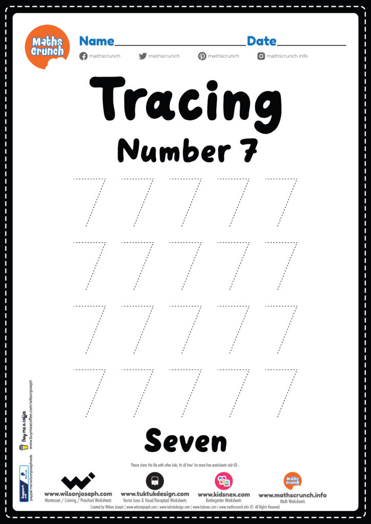 Tracing Number 7 - Kindergarten Worksheet Free Printable PDF