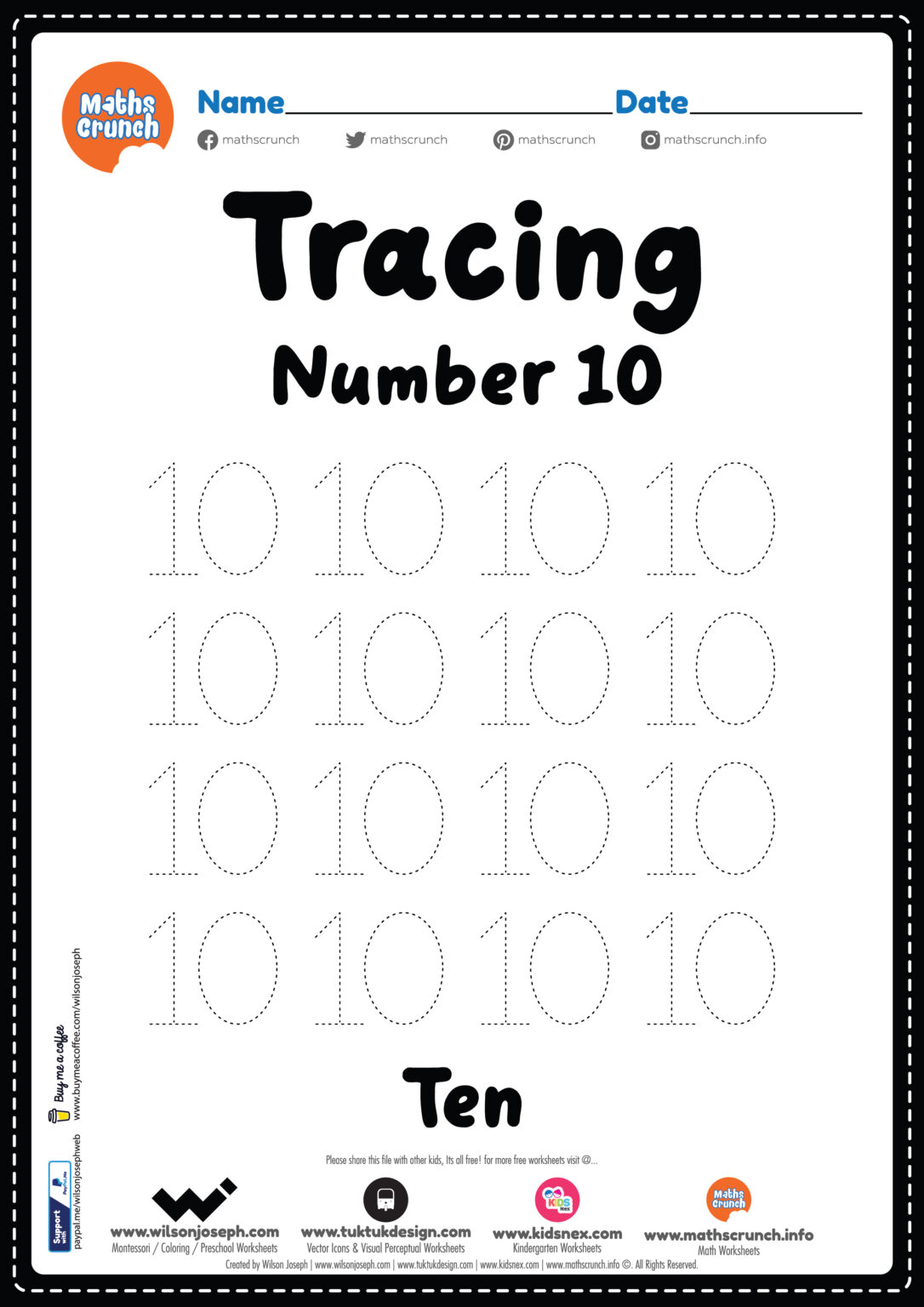 Tracing Number 10 - Kindergarten Worksheet Free Printable PDF
