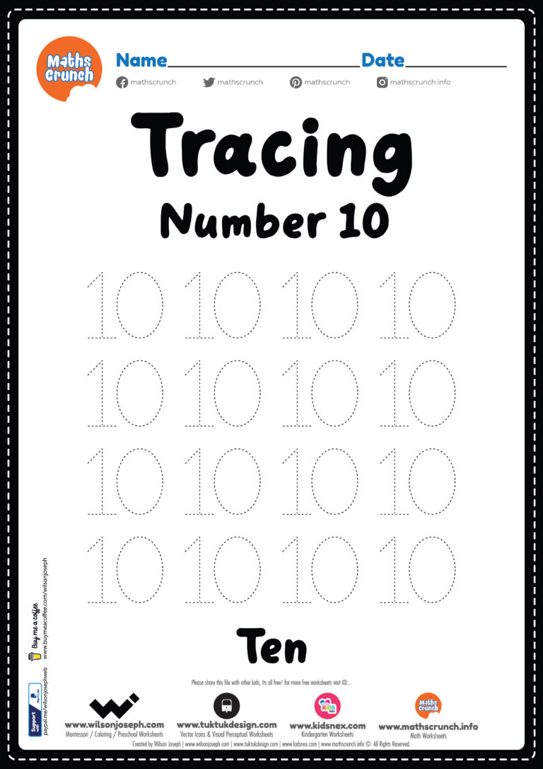 Tracing Number 10 - Kindergarten Worksheet Free Printable PDF